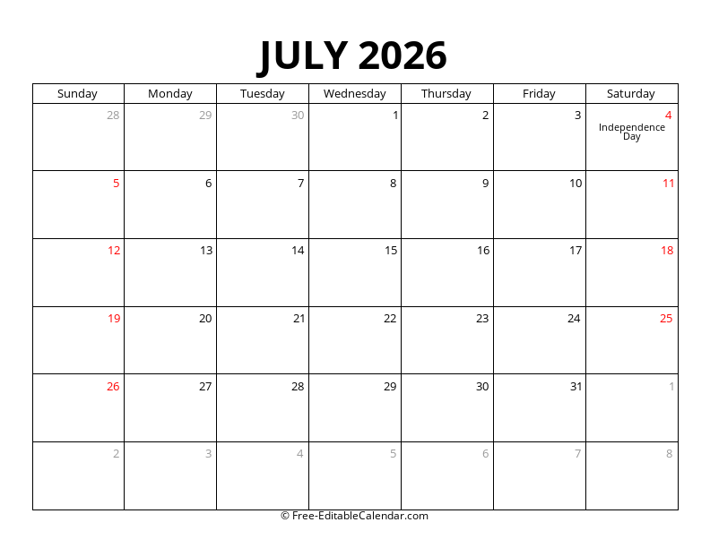 Free Printable July 2026 Calendar - PDF, Word, Excel Templates