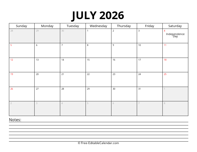 Free Printable July 2026 Calendar - PDF, Word, Excel Templates